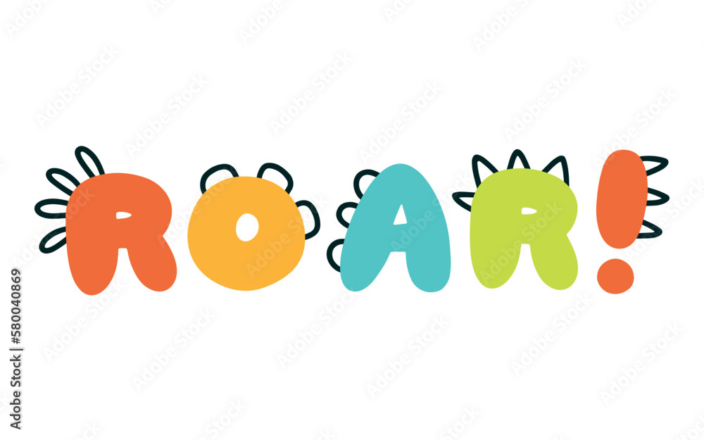 Dinosaur vector illustration in flat cartoon scandinavian style with ROAR lettering. Childish ...