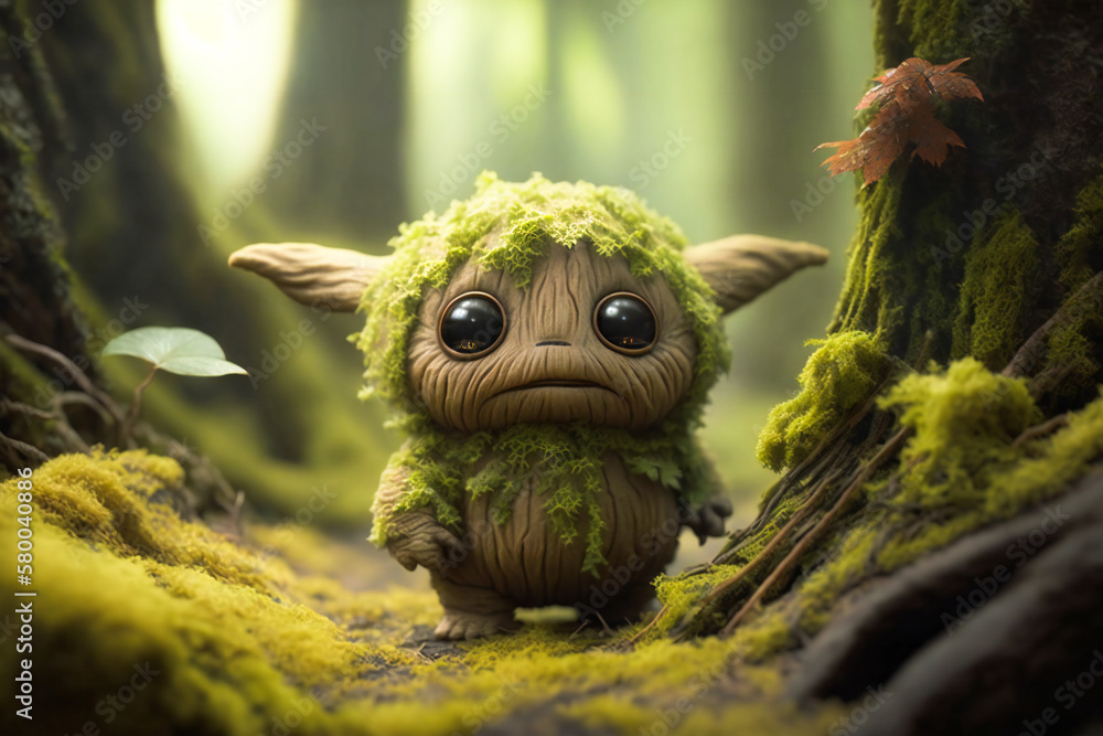 Tiny fantasy green creature in the woods. Created with Generative AI ...
