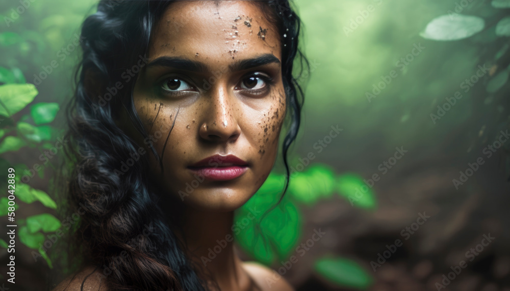 Beautiful female model standing in a rainforest, radiating elegance and ...