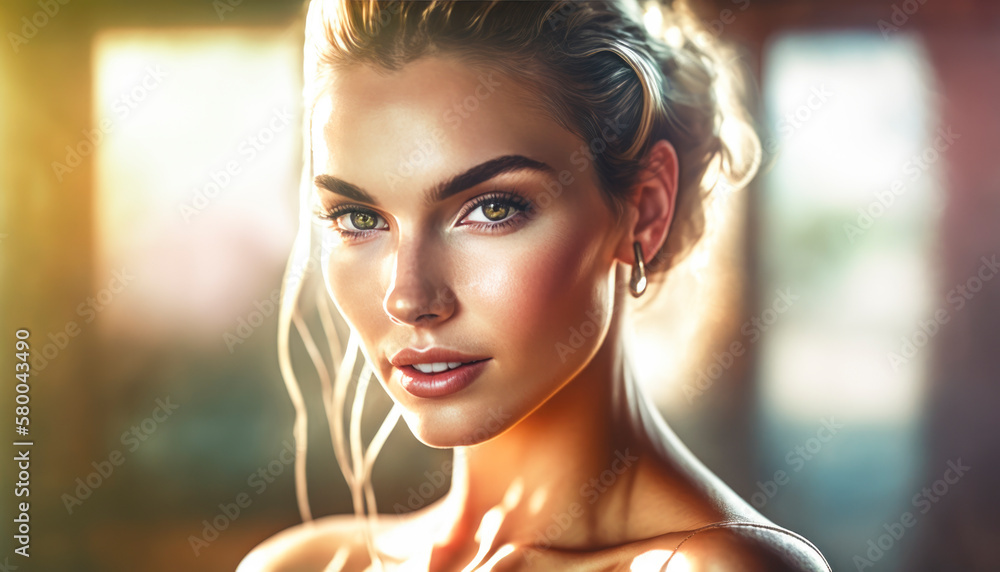 Beautiful female model with a chic haircut and fashionable clothes ...