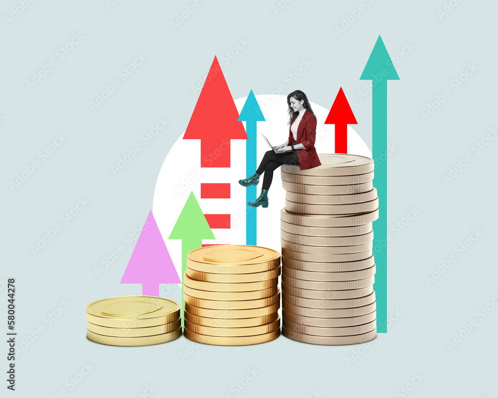 Businesswoman with laptop on a stack of money and rising arrows up on ...