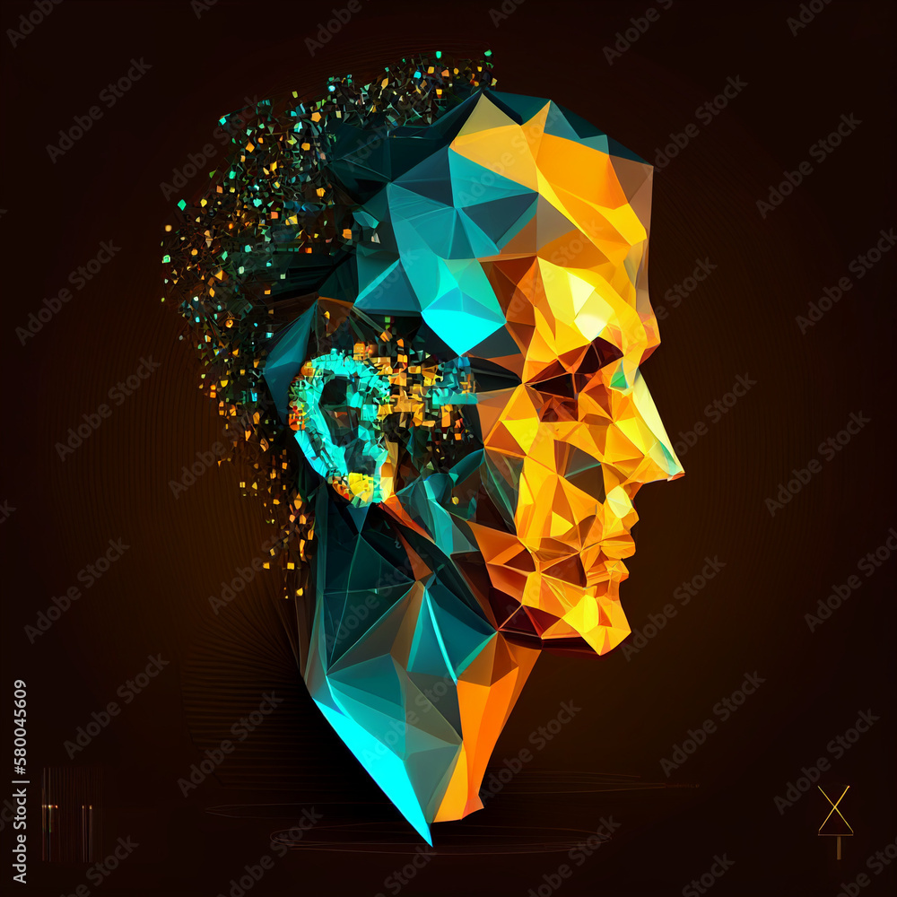 Low poly 3D head, human face structure made of pixels and particles ...