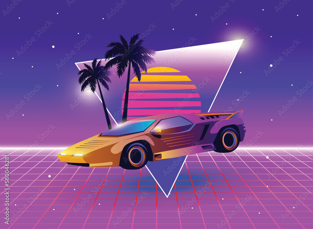 Retro 80s sci-fi futuristic style background with supercar. Vector retro futuristic synth wave ...