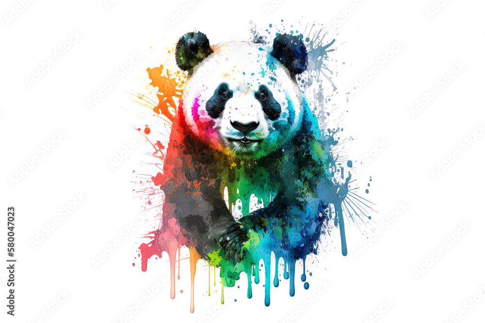 panda is drawn with multi-colored watercolors isolated on a white ...