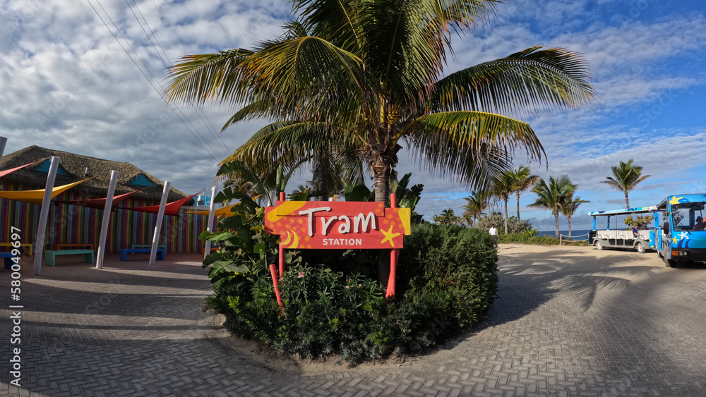 The Tram stop sign at Coco Cay which is Royal Caribbean Cruise Lines ...