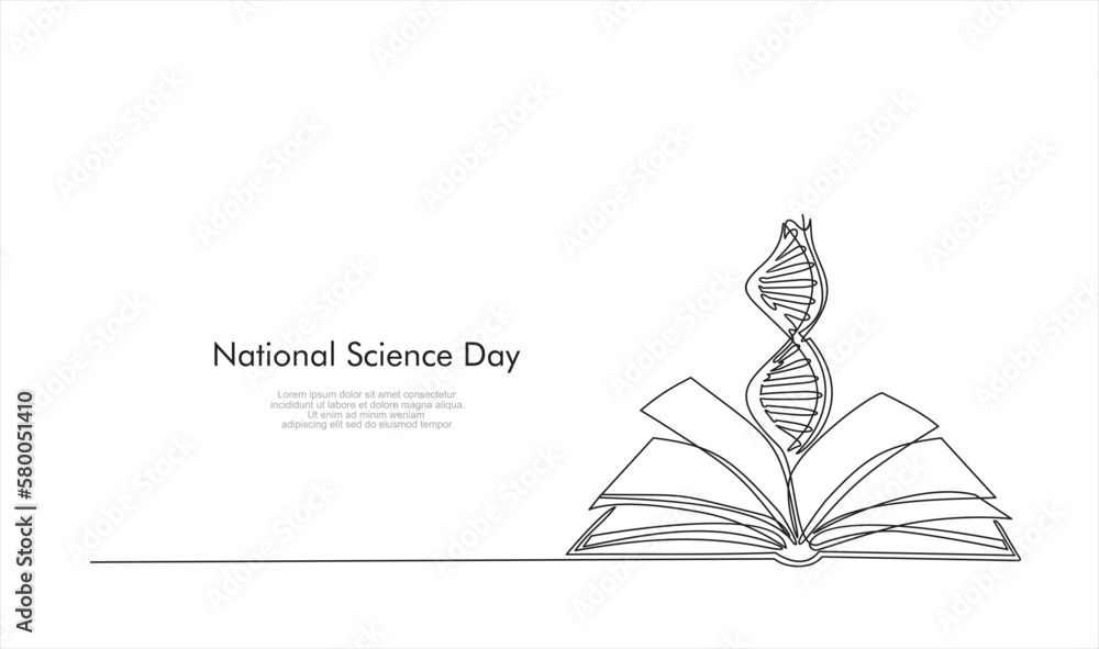 National Science Day. One continuous line drawing of open book and DNA ...