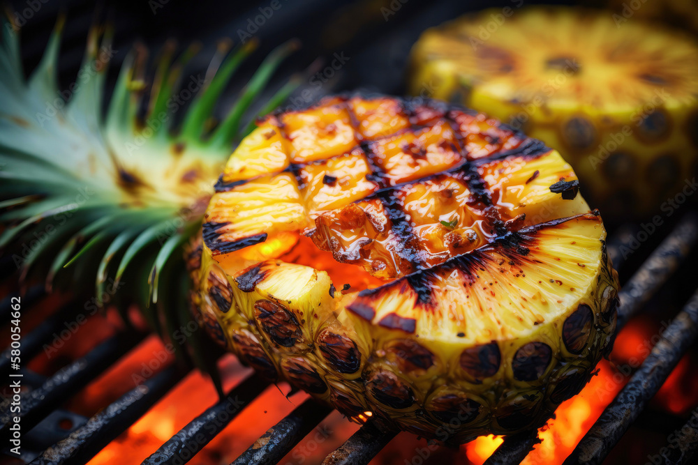 Bbq, grilled pineapple on grill grate with fire. Close-up view. Summer ...