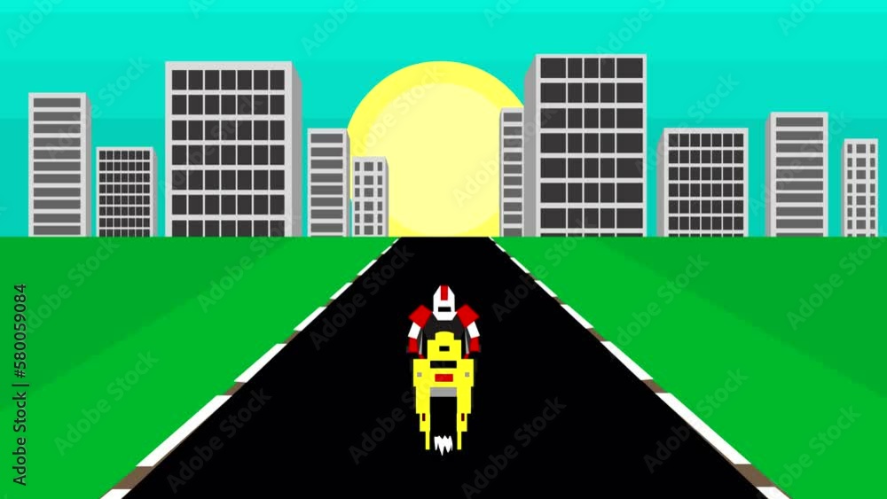 Animated video of old racing motorcycle game in 8-bit style, in the sun ...
