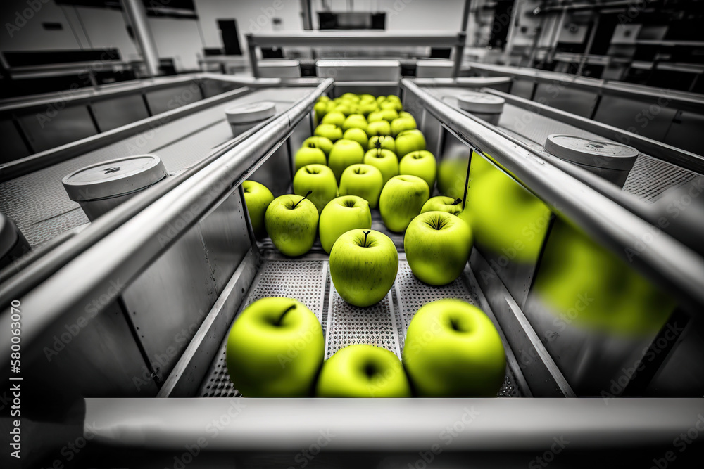 Apples in a food processing facility, clean and fresh, ready for ...