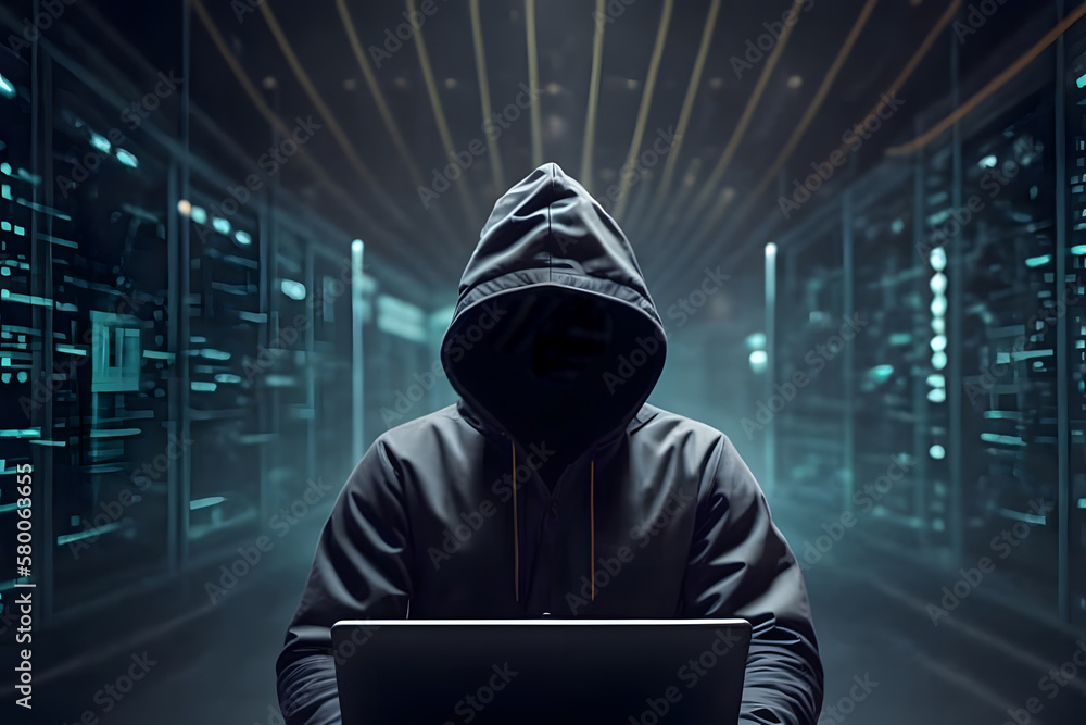 Hacker in hoodie breaking into data server dark theme. Generative AI ...