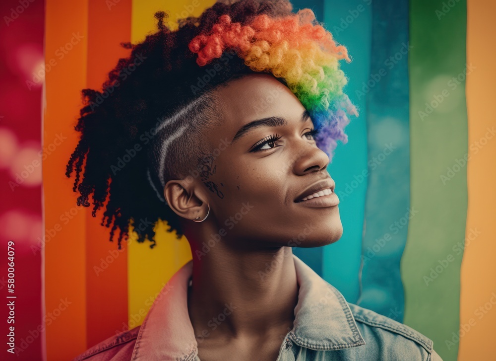 Portrait of a black gender fluid person with rainbow colored hair in ...