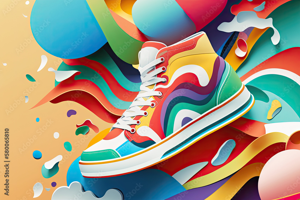 Creative bright colorful sneakers on abstract background. Sport ...