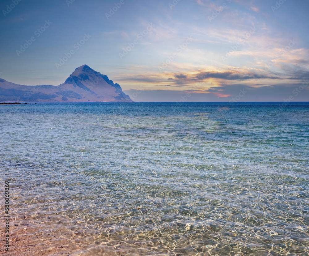 Azure Tyrrhenian sea picturesque bay and Monte Cofano mount view near ...