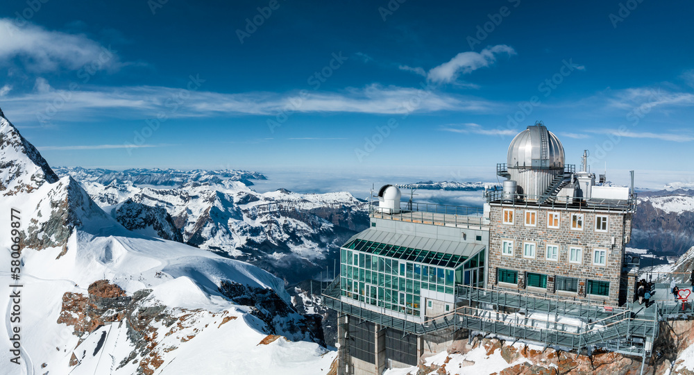Aerial panorama view of the Sphinx Observatory on Jungfraujoch - Top of Europe, one of the ...