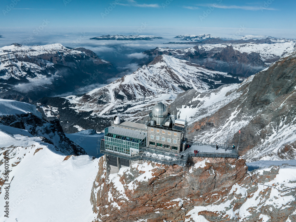 Aerial panorama view of the Sphinx Observatory on Jungfraujoch - Top of ...