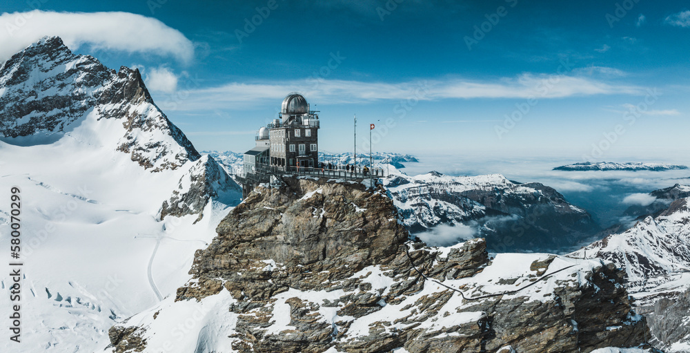Aerial panorama view of the Sphinx Observatory on Jungfraujoch - Top of Europe, one of the ...