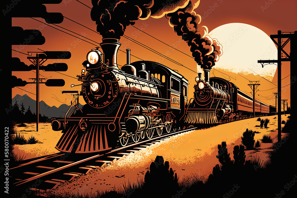 Chasing the Sunset: Trains Racing Through the Old West with Warm Colors ...