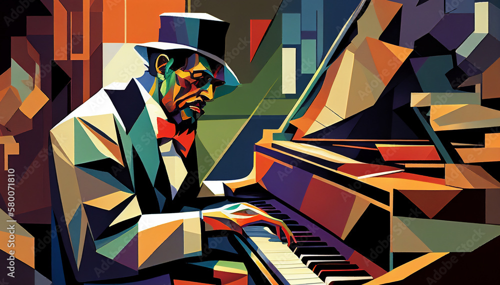 Afro-American male jazz musician pianist playing a piano in an abstract ...