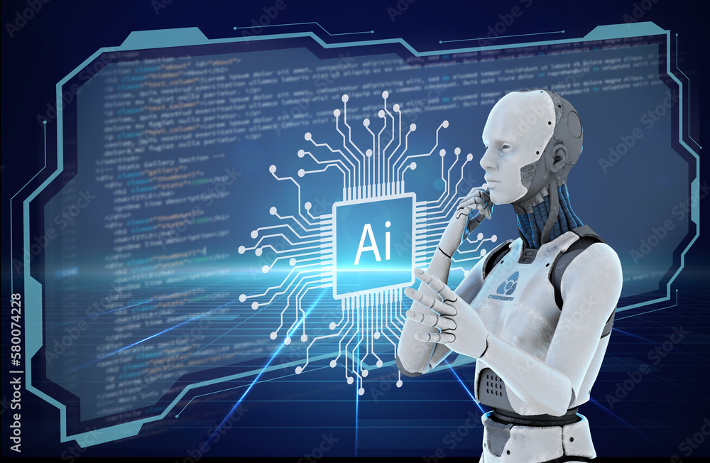 Poster Robot hand artificial intelligence Ai pointing at word self learning improving ...