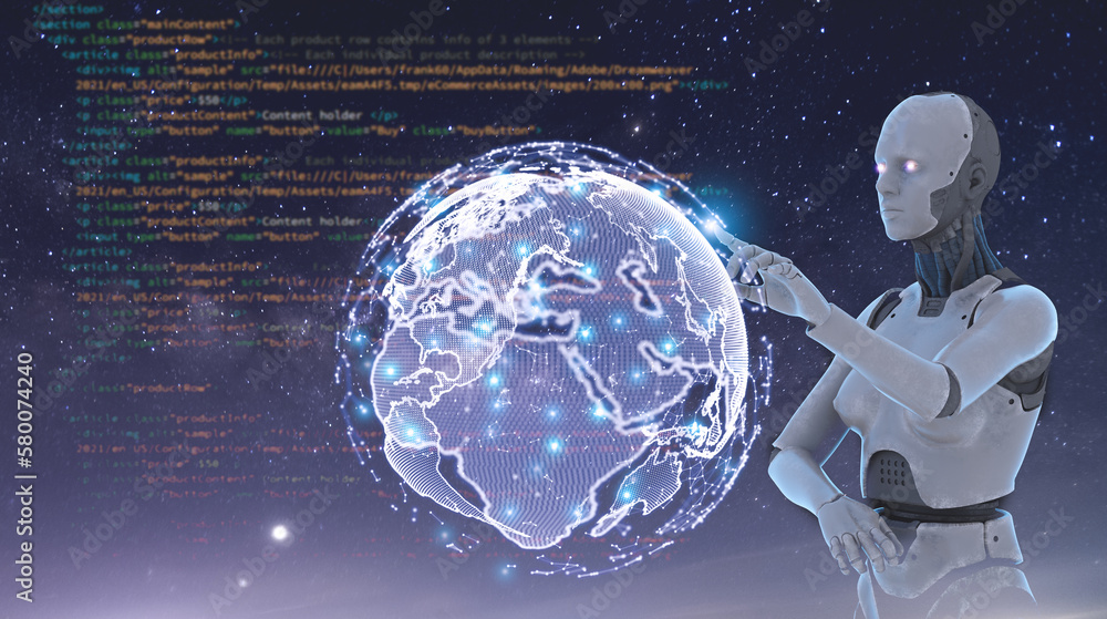 Robot hand artificial intelligence Ai pointing at word self learning improving development ...