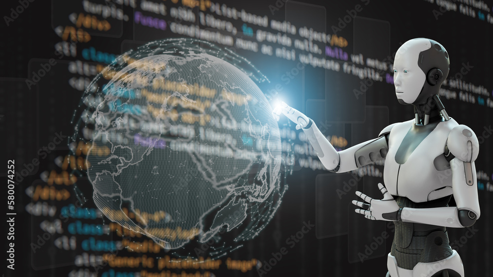 Robot hand artificial intelligence Ai pointing at word self learning improving development ...