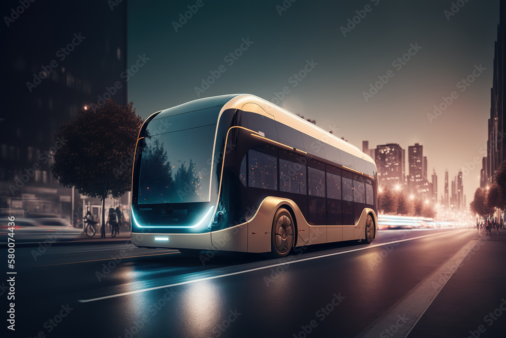 The bus rides through the night city, side view. Sports car, futuristic ...