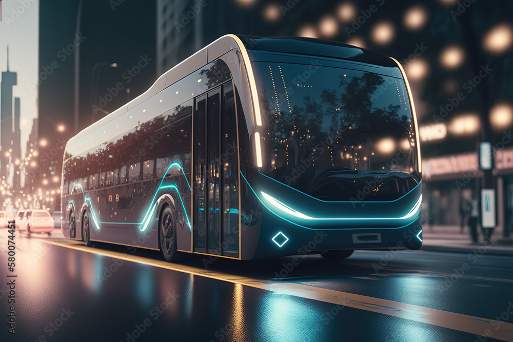 The bus rides through the night city, side view. Sports car, futuristic ...