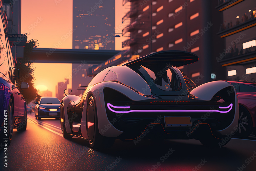 The car is driving around the city, rear view. Sports car, futuristic ...