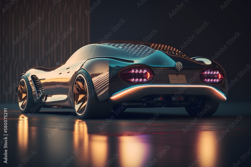 A modern car stands in a parking lot in a building, rear view. Sports ...