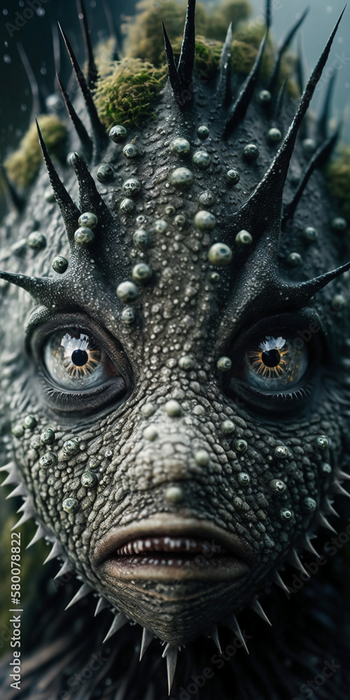 extreme closeup portrait of a humanoid island sea creature with wet ...