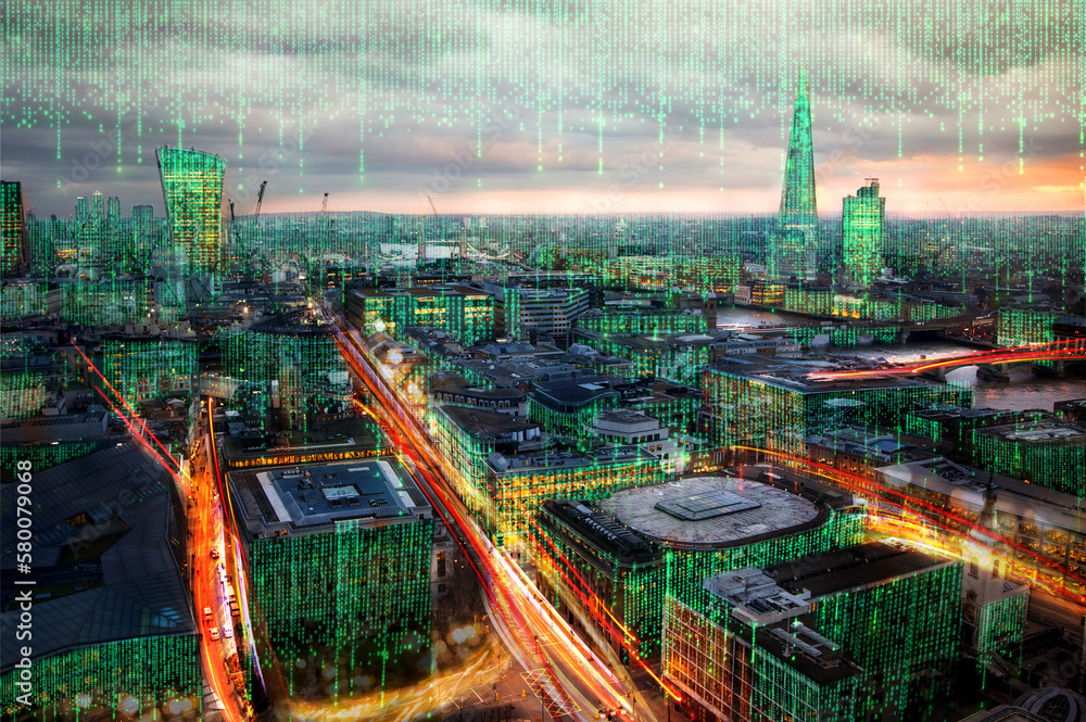 City of London view with matrix concept and digital connections ...
