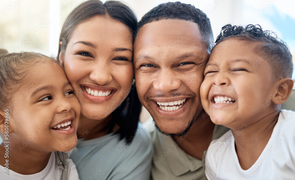 Portrait of love, black family and happy smile on faces of American ...