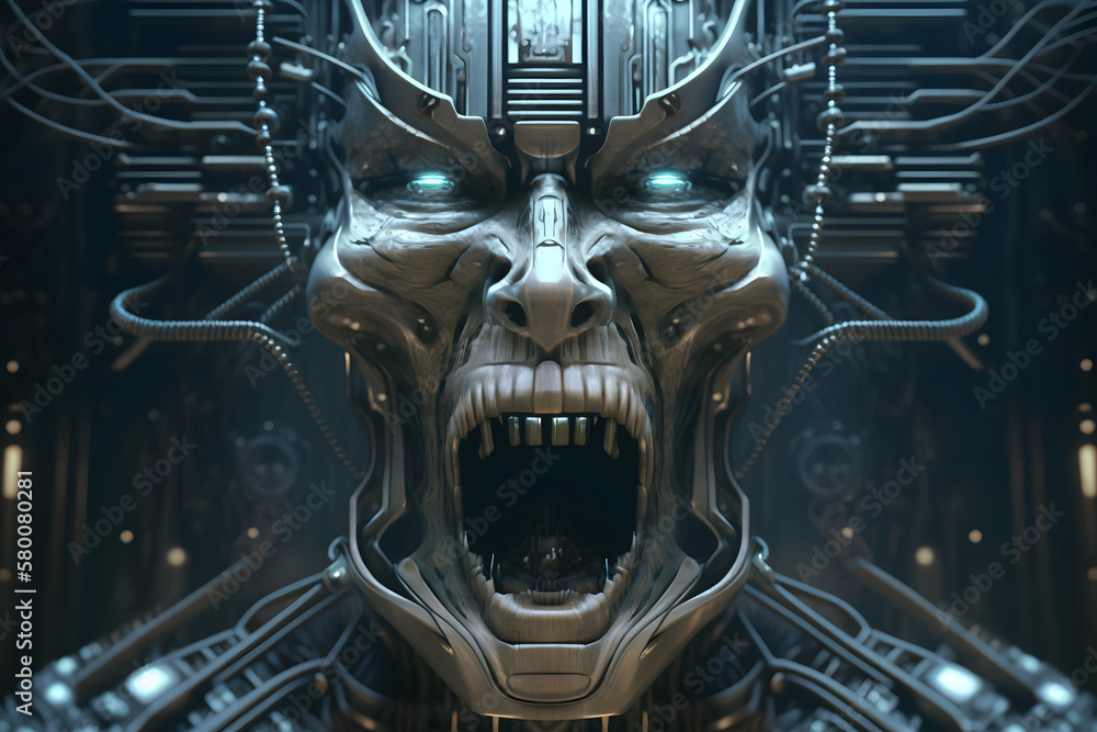 Dark robotic skeleton science fiction screaming robot skull connected ...