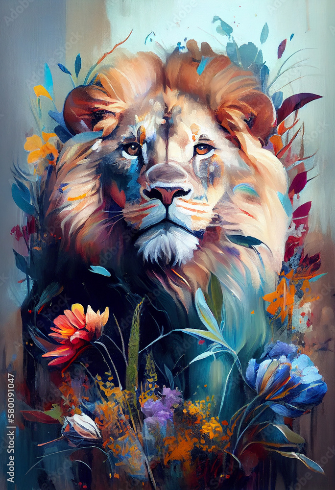 A charming portrait of a lion with a dynamic pose is depicted in this ...