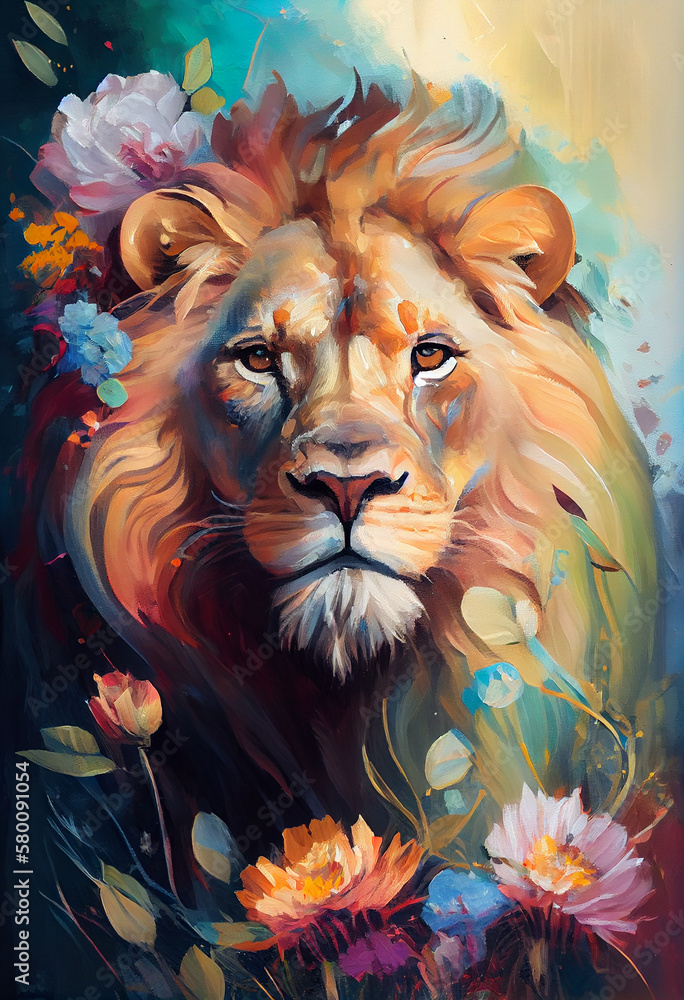 A charming portrait of a lion with a dynamic pose is depicted in this ...