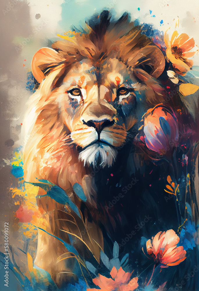 A charming portrait of a lion with a dynamic pose is depicted in this ...