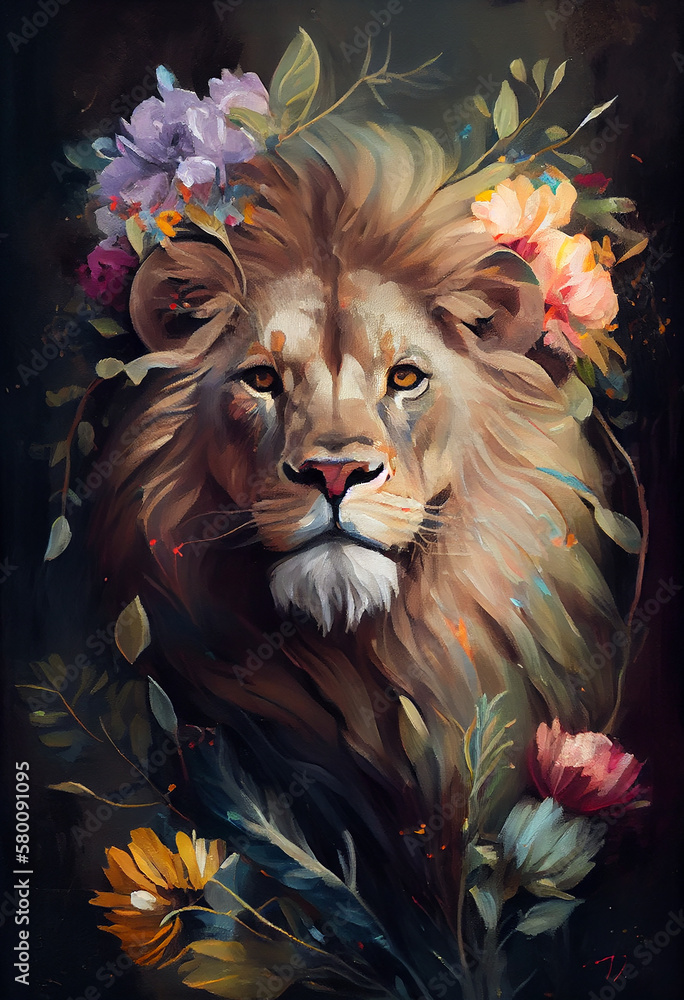 A charming portrait of a lion with a dynamic pose is depicted in this ...
