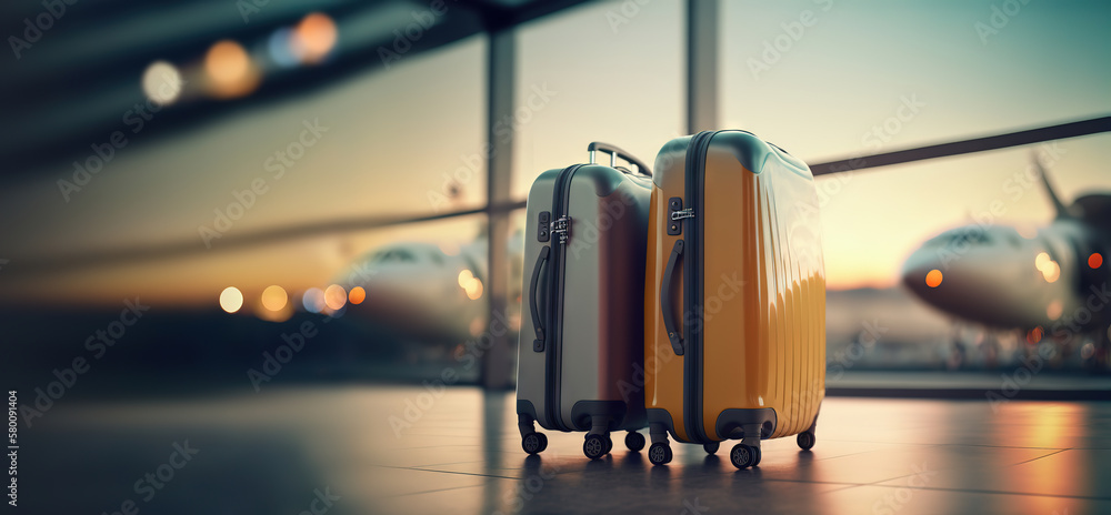 luggage suitcases at the airport wide banner with copy space area for ...