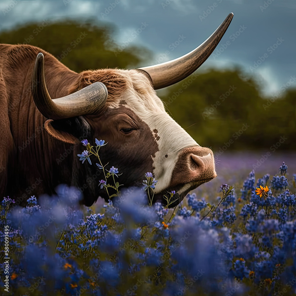 Bull in a field of bluebonnets flowers smelling one of its flower ...