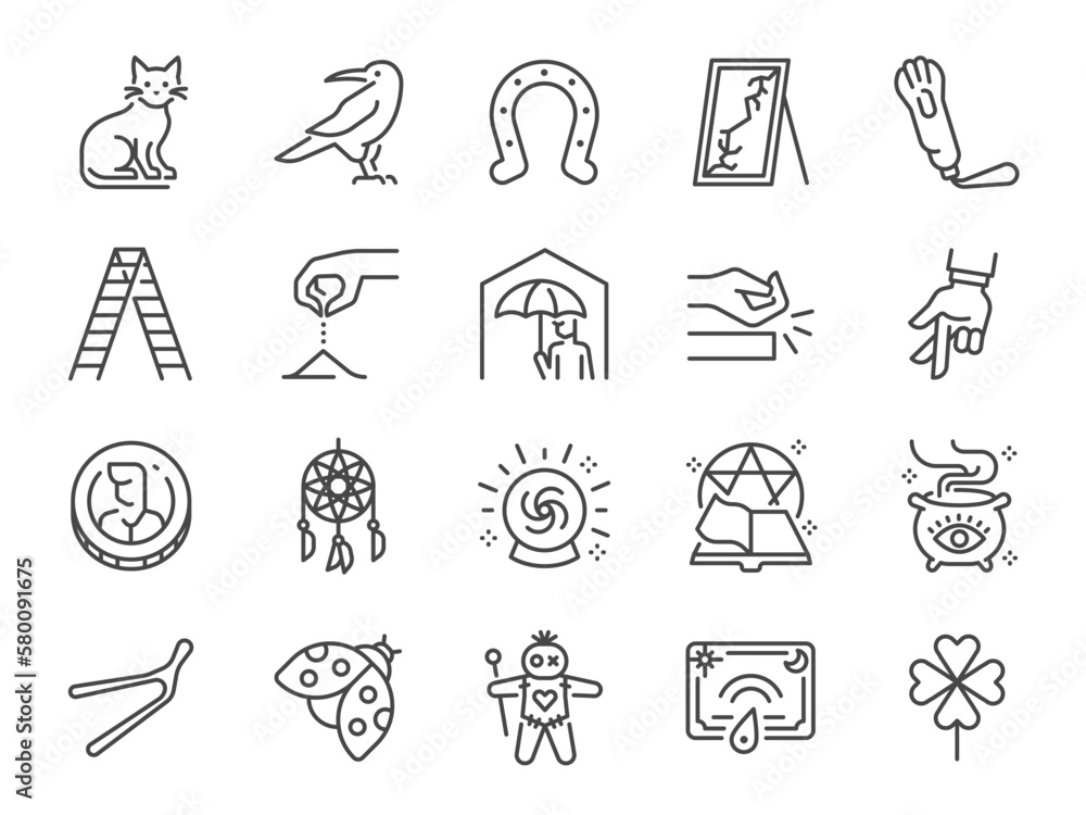 Superstitions icon set. It included icons such as crow, cat, ladder ...