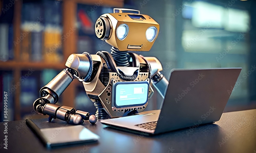 robot sits at a table with laptops in a library .Working robot on the ...