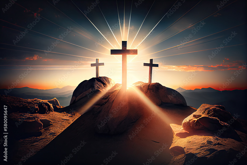 Three crosses atop a mountain illuminated by sunlight Created Using ...