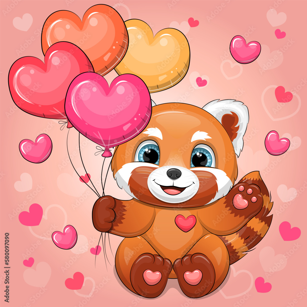 Cute cartoon red panda with heart balloons. Vector illustration of an ...