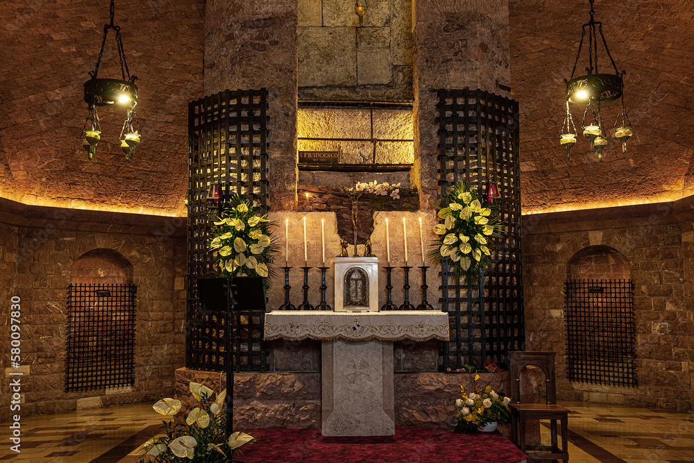 Crypt with the tomb of Saint Francis in the Basilica "San Francesco ...