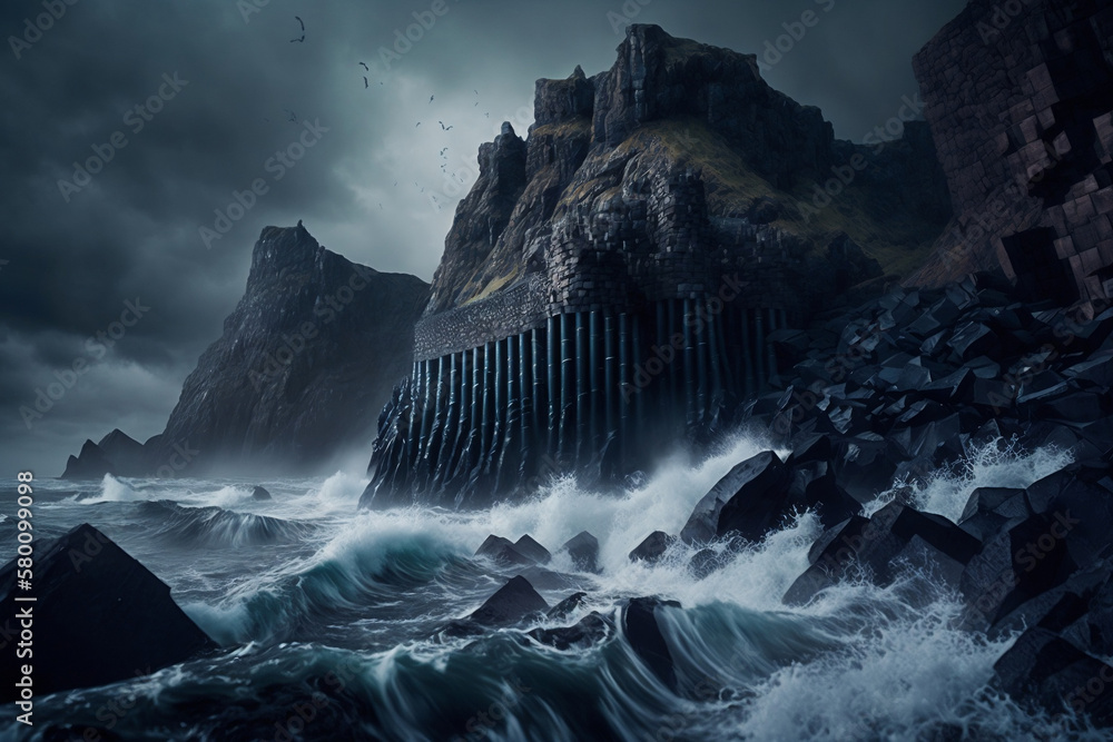 Citadel made entirely of angular hexagonally jointed basalt columns, on ...