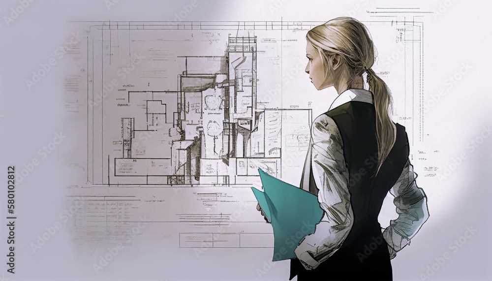 MUJER ARQUITECTA, MIRANDO UN PLANO. ILUSTRACION. COLOR. IA GENERATIVA ...