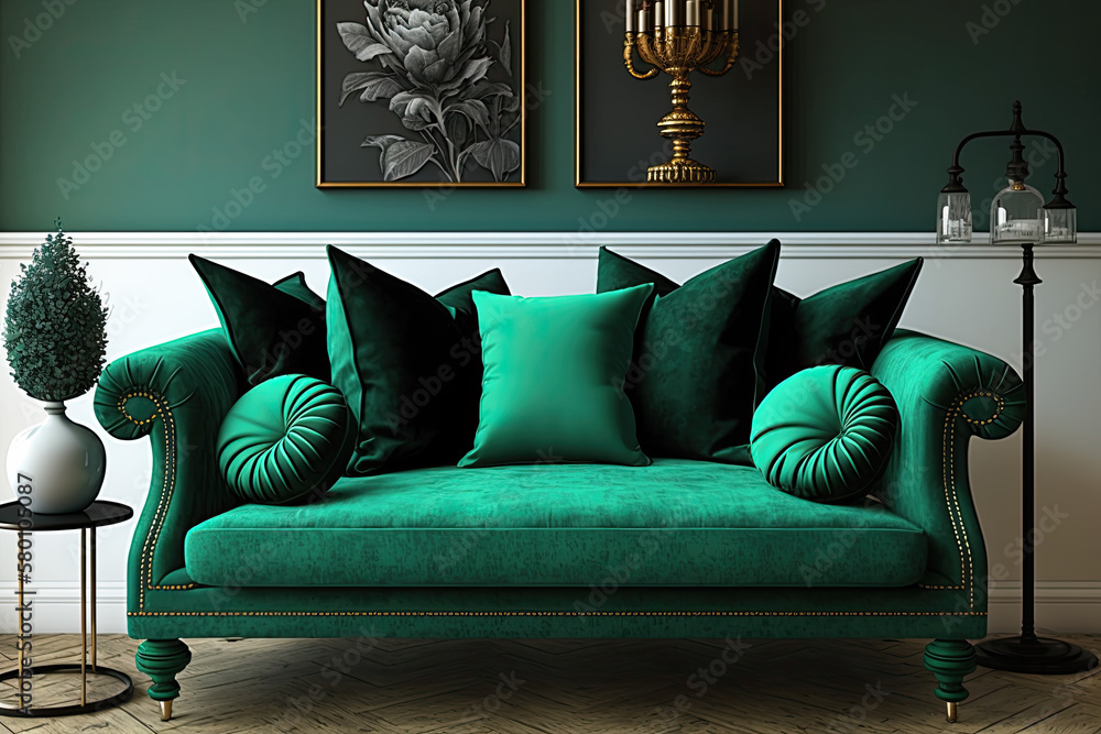 Jade green colored sofa with cushions. Interior design illustration of ...