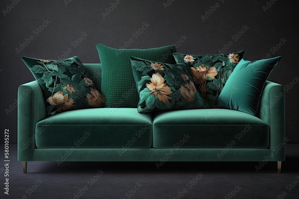 Jade green colored sofa with cushions. Interior design illustration of ...