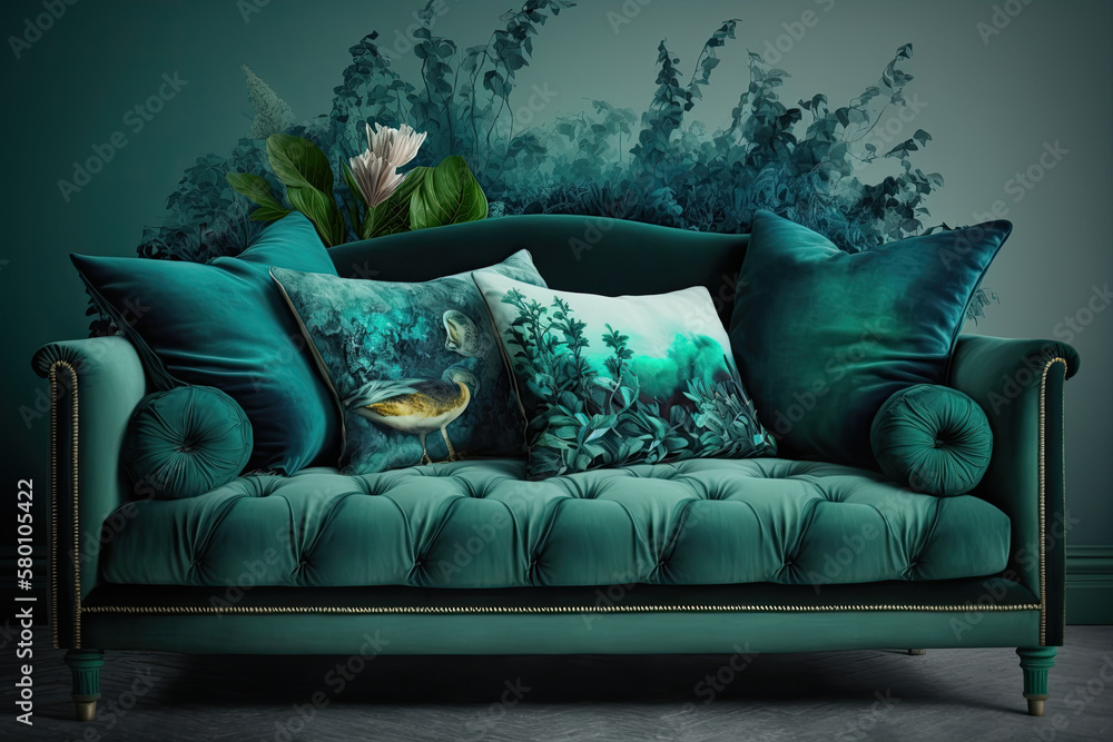 Jade green colored sofa with cushions. Interior design illustration of ...