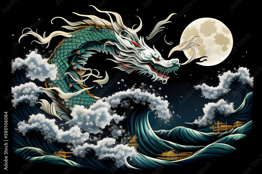 Japanese dragon in the sky at night with wave and moon / Generative AI ...